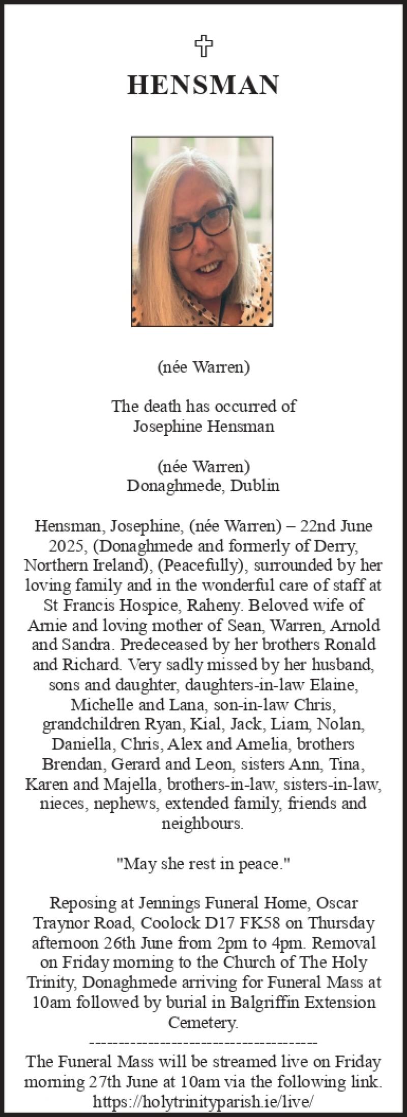 Derry Death Notice - Josephine Hensman (née Warren) - Derry Now